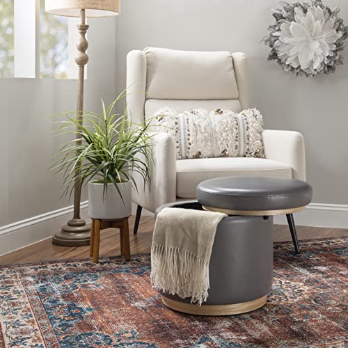 Linon Lexington Grey Faux Leather Round Storage Ottoman with Wood Accent