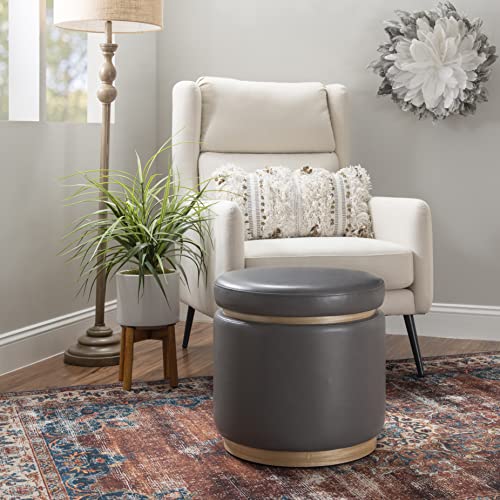 Linon Lexington Grey Faux Leather Round Storage Ottoman with Wood Accent