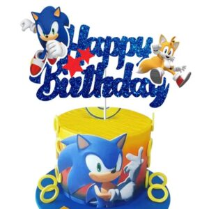 Sonic Happy Birthday Cake Toppers, Hedgehog Birthday Party Cake Decorations Supplies for Boys, Kids, 13pcs