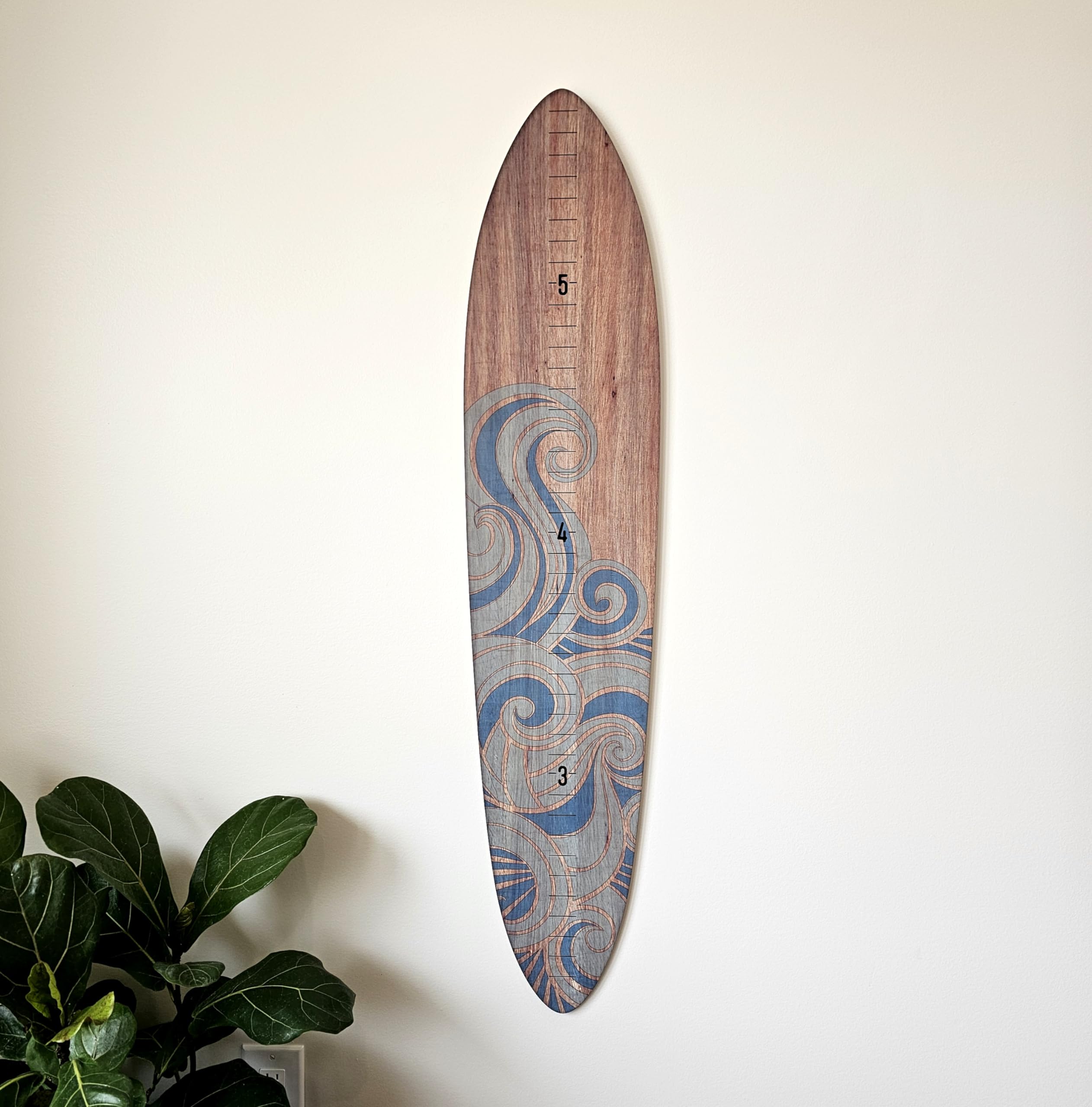 HeadWaters Wooden Surfboard Growth Chart - Kids' Room & Playroom Decor with Wall-Mounted - Wood w/Blue Wave Color (9.5" Wide x 46 Tall)