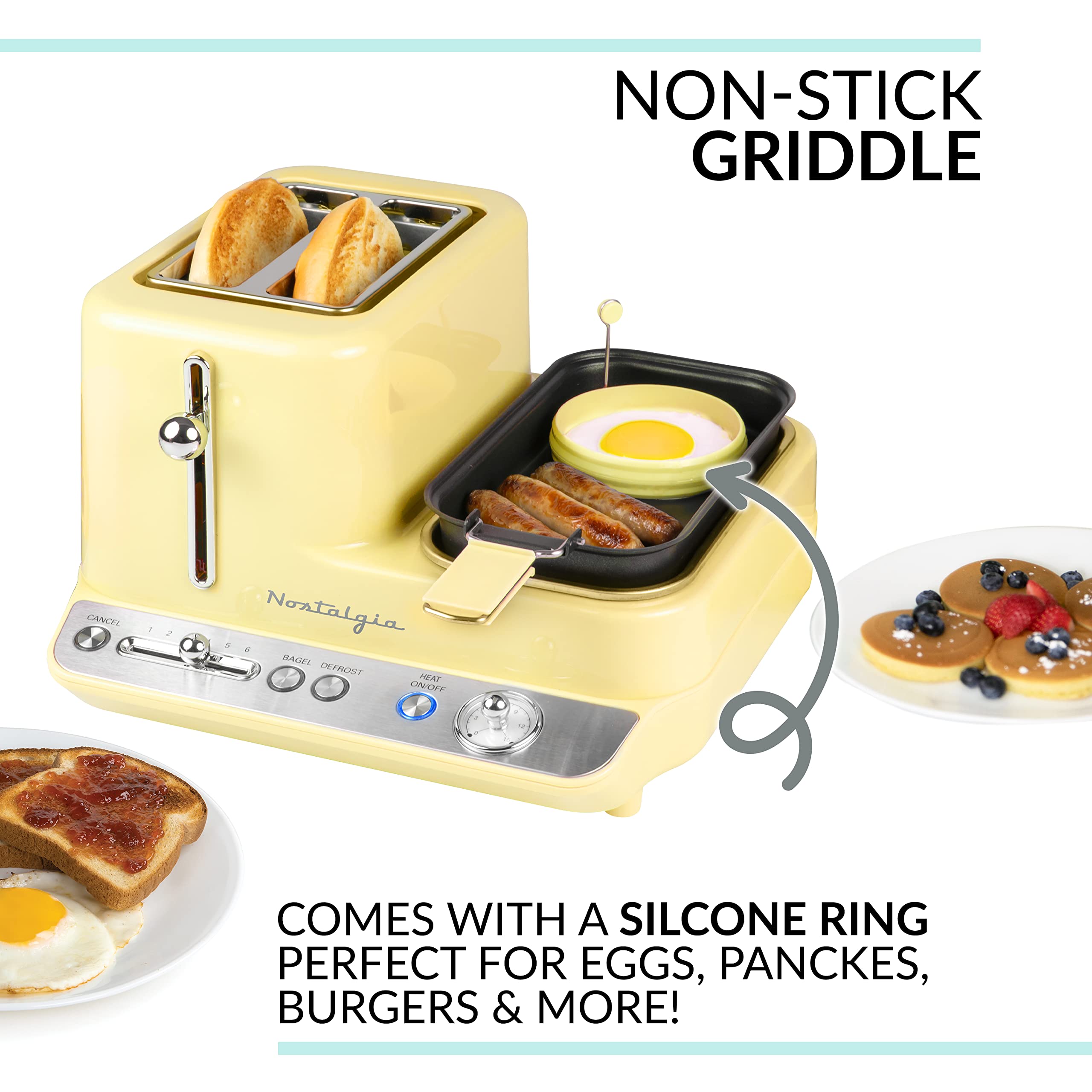 Nostalgia Retro 3-in-1 Breakfast Station, 2-Wide Slot Breakfast Station, Yellow