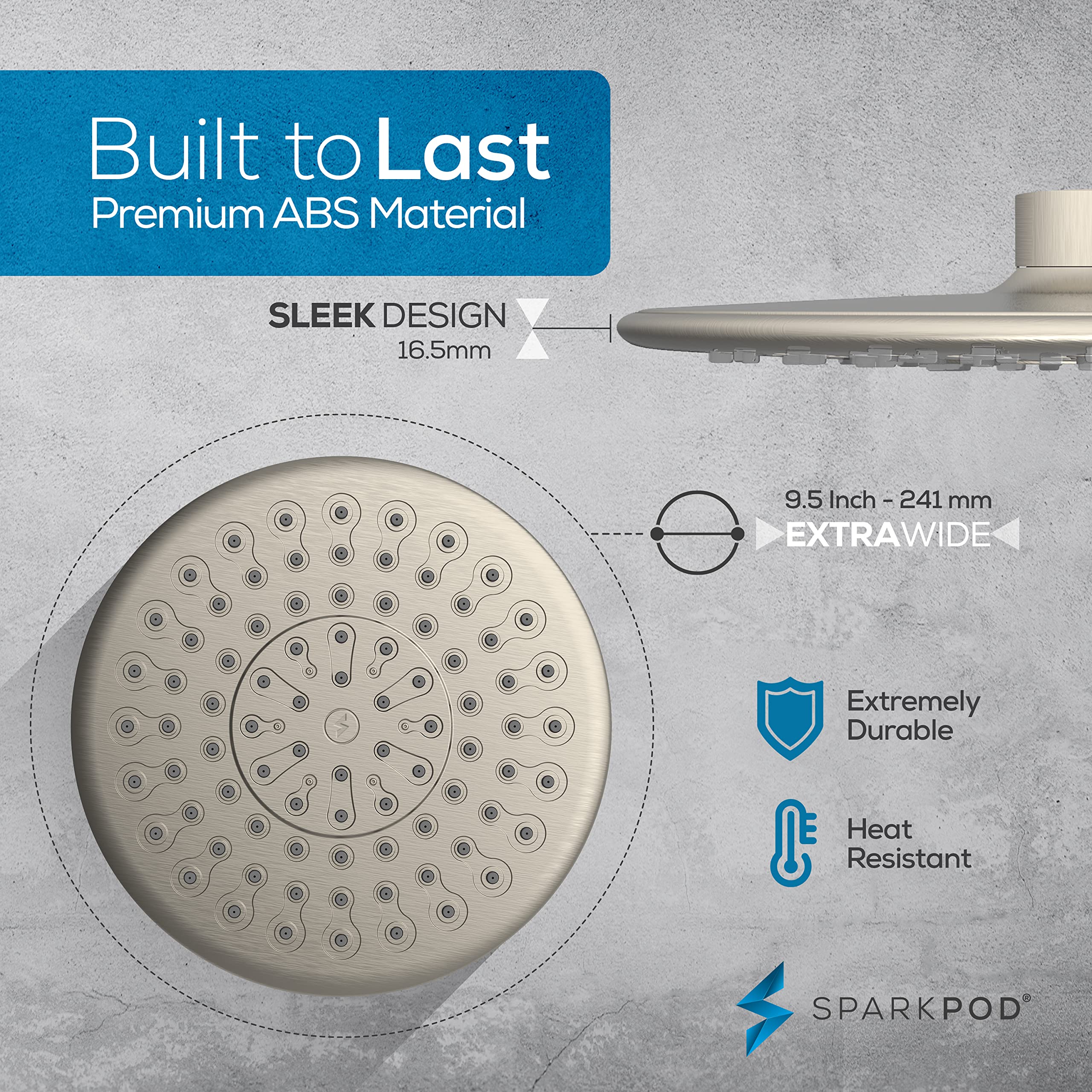 SparkPod 9.5 Inch Large Rain Shower Head - Luxury Rainfall Shower Head - High Pressure Showerhead, Full Body Coverage with Anti-Clog Silicone Nozzles -No Hassle, Easy Install (1/2 NPT, Brushed Nickel)