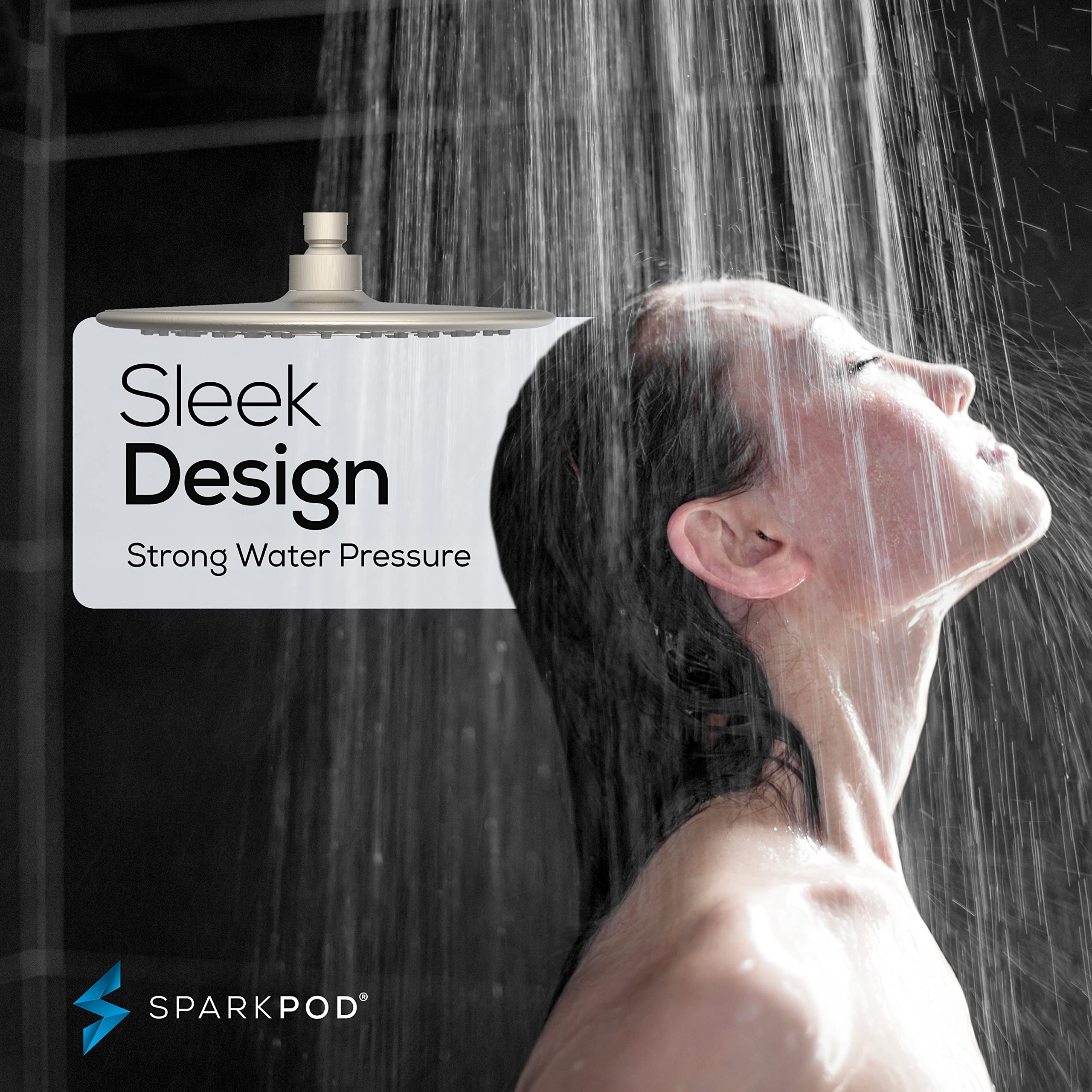 SparkPod 9.5 Inch Large Rain Shower Head - Luxury Rainfall Shower Head - High Pressure Showerhead, Full Body Coverage with Anti-Clog Silicone Nozzles -No Hassle, Easy Install (1/2 NPT, Brushed Nickel)