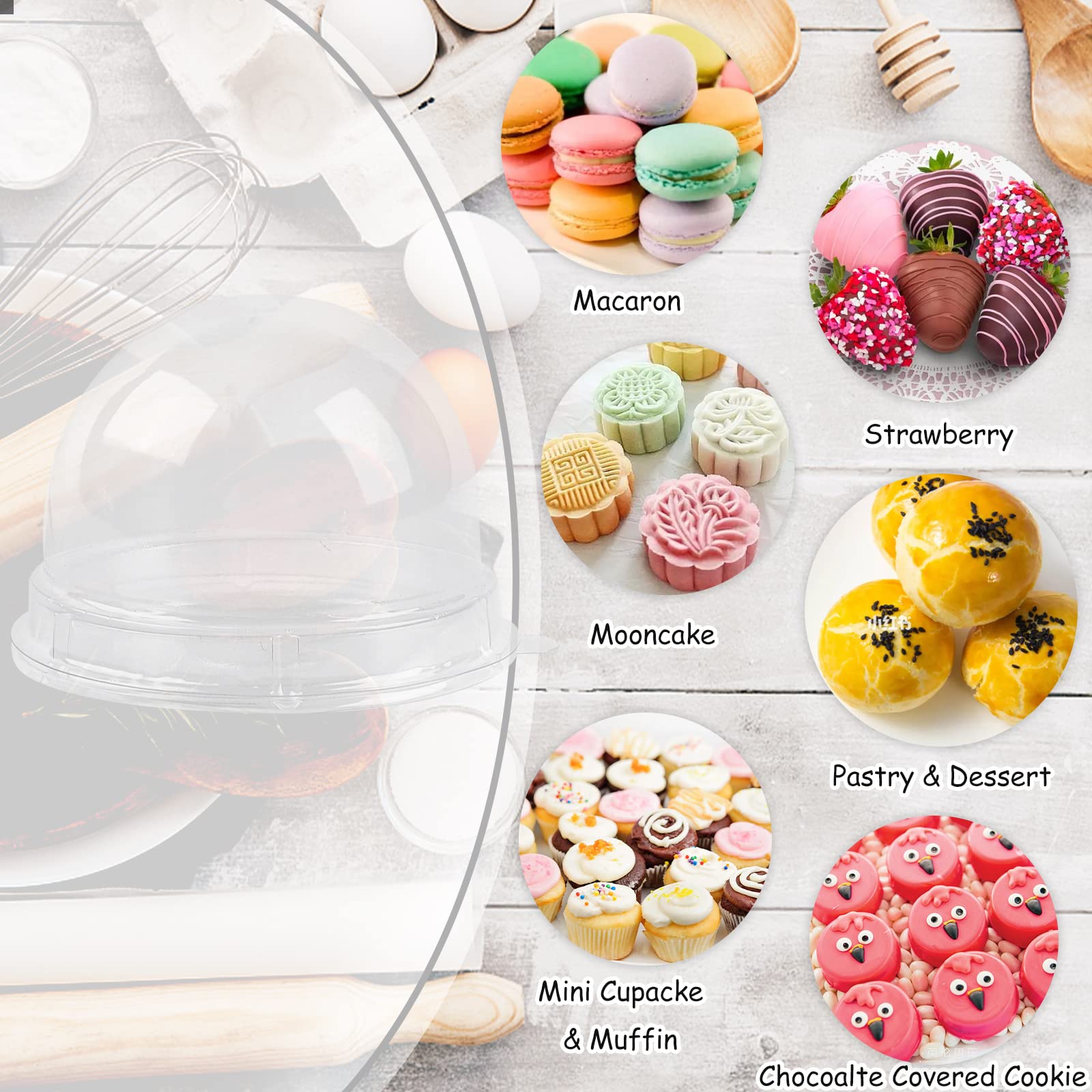 TOFLEN 100Pcs Clear Plastic Mini Cake Boxes with Dome Lids, Mini Bundt Cake Containers for Mini Cupcake, Muffin, Chocolate Covered Cookie, Strawberry, Mooncake and More (Clear Base)