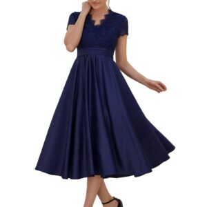 Ever-Pretty Women's Plus Size Lace V-Neck Wedding Party Dress Formal Dresses Short Navy Blue US18