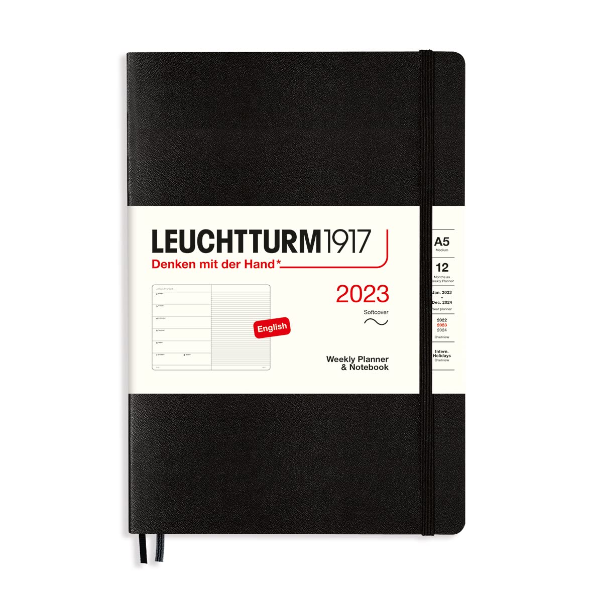 LEUCHTTURM1917 - Weekly Planner & Notebook Softcover Medium (A5) 2023, Black (Jan 1 - Dec 31, 2023)