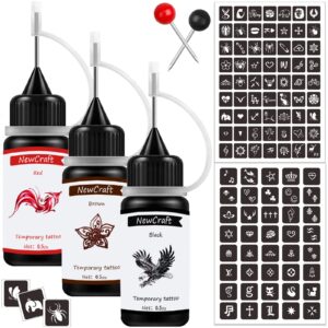 temporary art painting kit semi permanent tattoo ink freehand gel 103 pcs free stencils, diy fake freckles, full kit 3 bottles (black+red+brown)