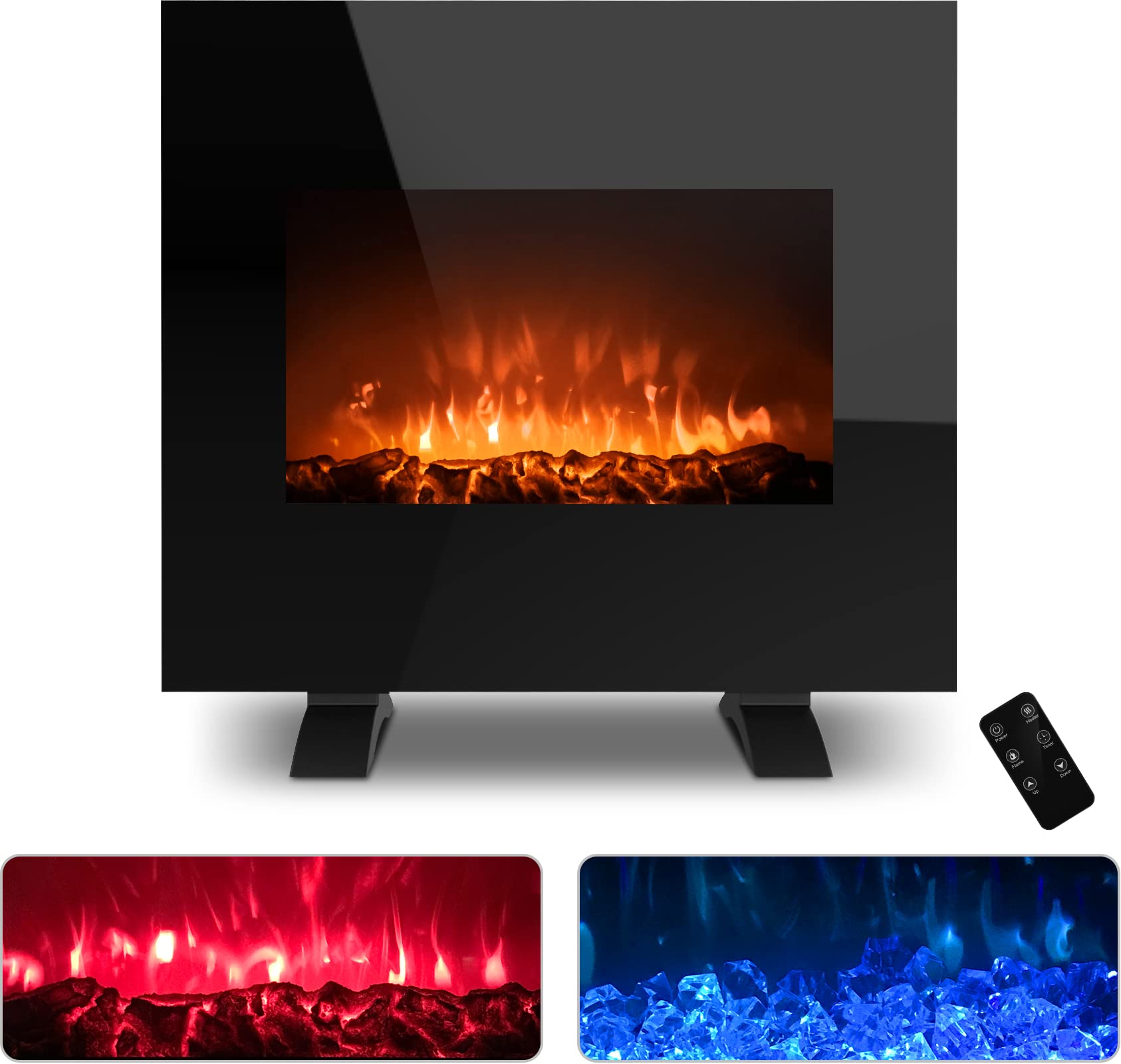 LifePlus Wall Mounted Electric Fireplace, 26 Inch Freestanding LED Fireplace Heater with Remote Control, Adjustable 10 Flame Colors, 12H Timer, Logset Crystal, 750w/1500w Modern Black