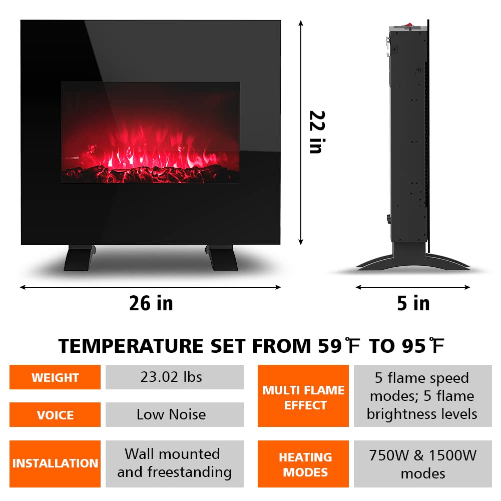 LifePlus Wall Mounted Electric Fireplace, 26 Inch Freestanding LED Fireplace Heater with Remote Control, Adjustable 10 Flame Colors, 12H Timer, Logset Crystal, 750w/1500w Modern Black