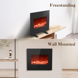 LifePlus Wall Mounted Electric Fireplace, 26 Inch Freestanding LED Fireplace Heater with Remote Control, Adjustable 10 Flame Colors, 12H Timer, Logset Crystal, 750w/1500w Modern Black