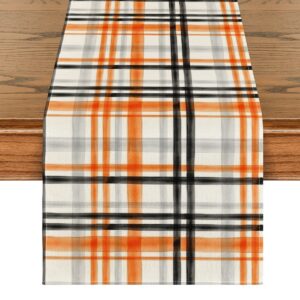 artoid mode orange black buffalo plaid fall table runner, halloween kitchen dining table decoration for outdoor home party 13x72 inch