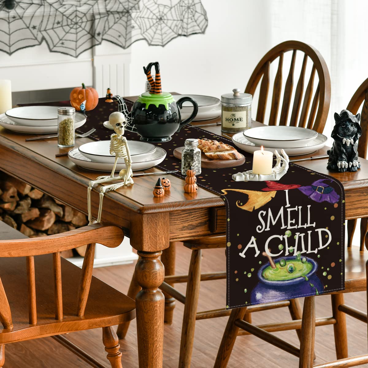 Artoid Mode I Smell A Child Wizzard Hat Witch Vibes Halloween Table Runner, Holiday Fall Kitchen Dining Table Decoration for Home Party Decor 13x72 Inch