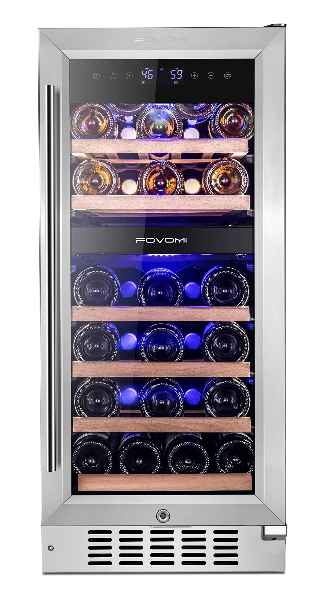 FOVOMI 34 Bottles Wine Cooler Fridge (Bordeaux 750ml) Compressor 15" Wine Cellars,Built-in or Freestanding Dual Zone Refrigerator - Chiller for Kitchen,Home Bar