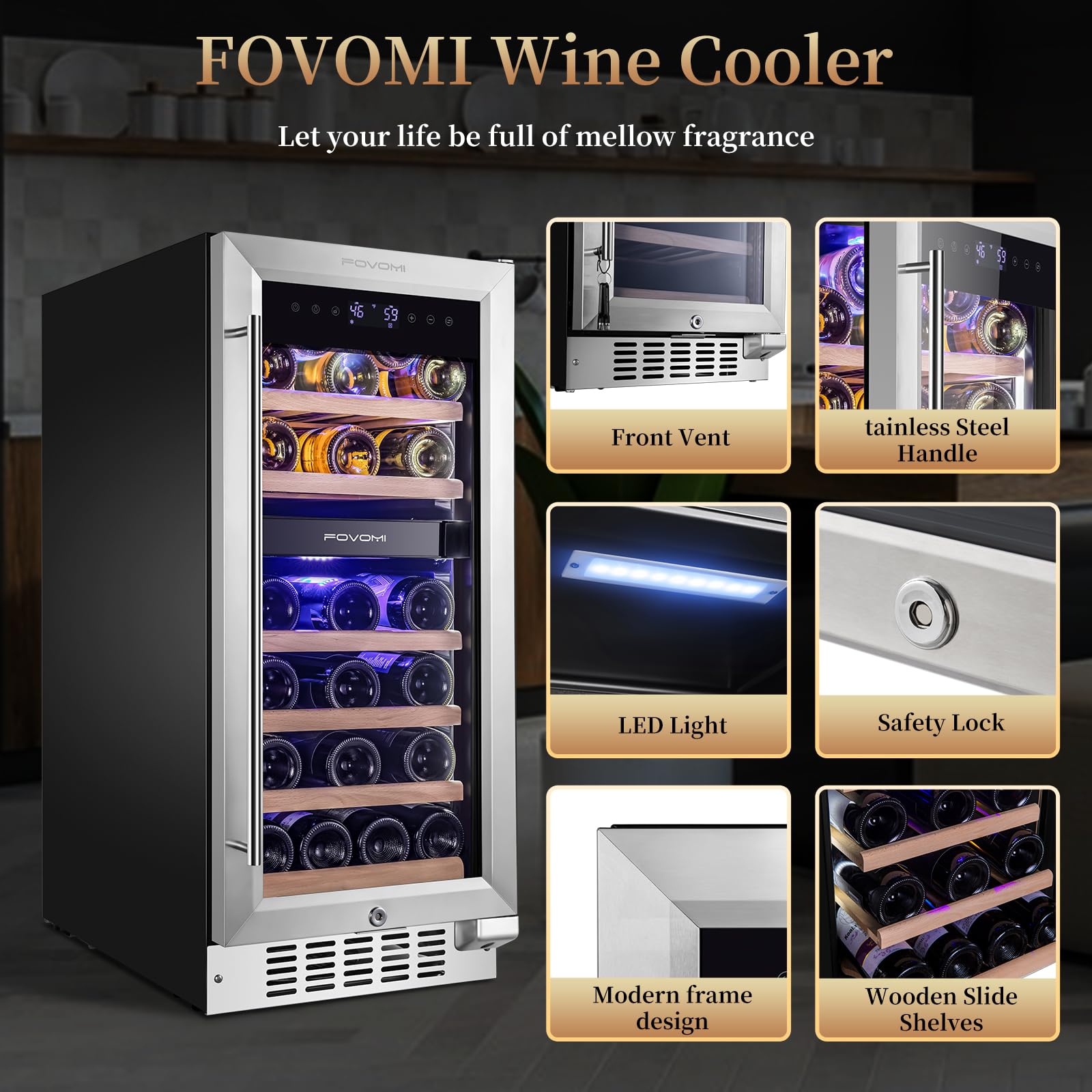 FOVOMI 34 Bottles Wine Cooler Fridge (Bordeaux 750ml) Compressor 15" Wine Cellars,Built-in or Freestanding Dual Zone Refrigerator - Chiller for Kitchen,Home Bar