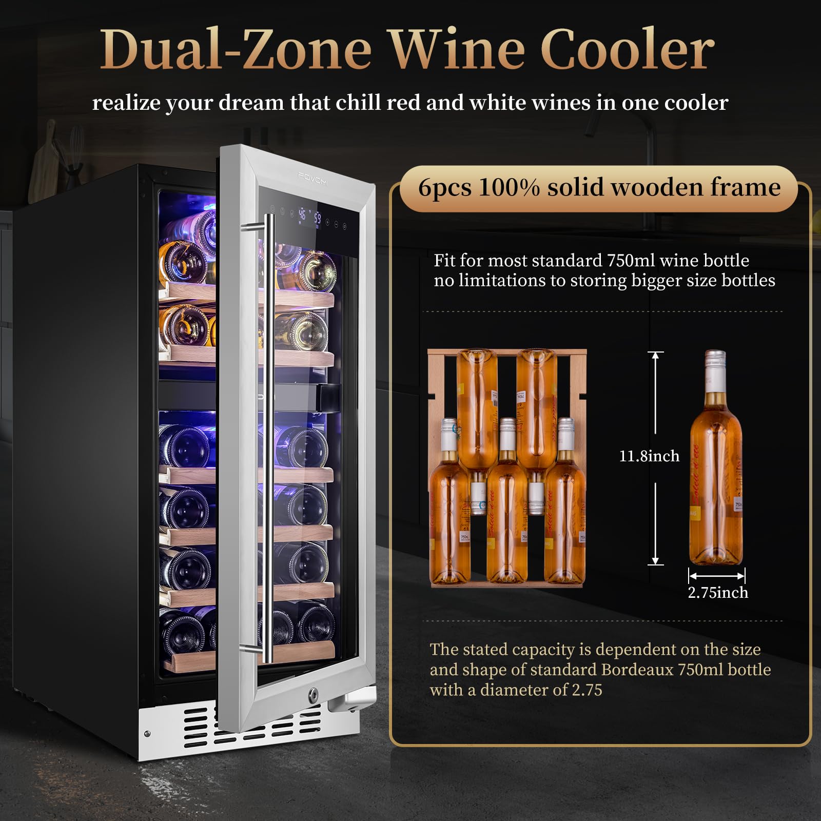 FOVOMI 34 Bottles Wine Cooler Fridge (Bordeaux 750ml) Compressor 15" Wine Cellars,Built-in or Freestanding Dual Zone Refrigerator - Chiller for Kitchen,Home Bar