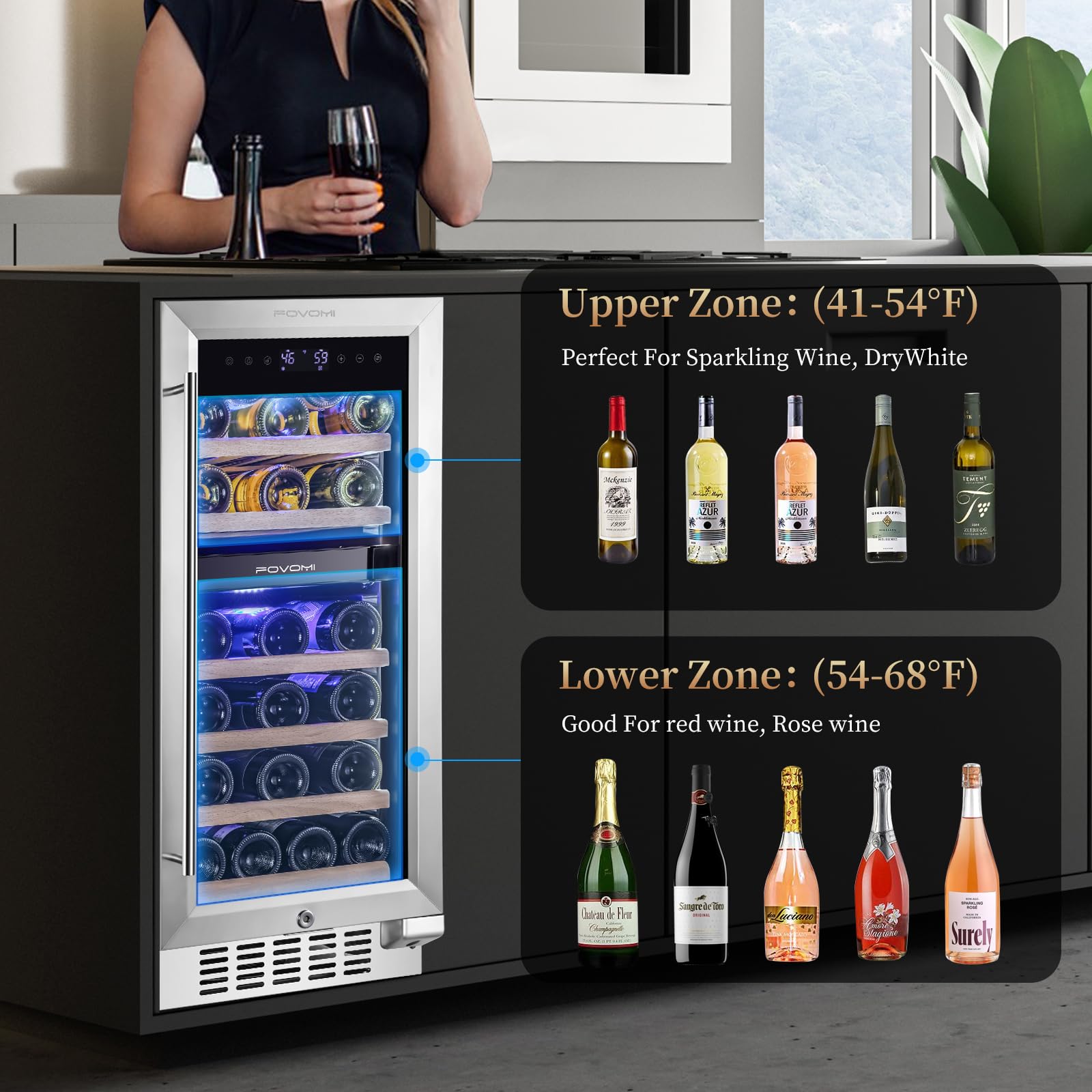 FOVOMI 34 Bottles Wine Cooler Fridge (Bordeaux 750ml) Compressor 15" Wine Cellars,Built-in or Freestanding Dual Zone Refrigerator - Chiller for Kitchen,Home Bar