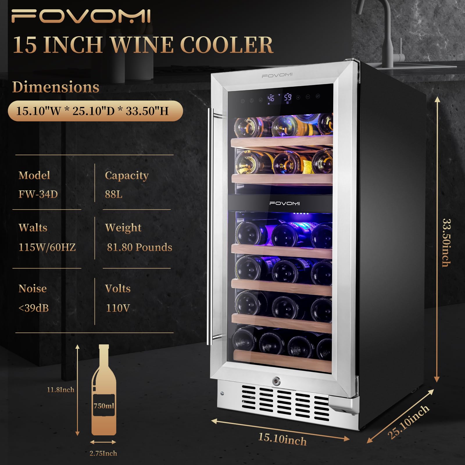 FOVOMI 34 Bottles Wine Cooler Fridge (Bordeaux 750ml) Compressor 15" Wine Cellars,Built-in or Freestanding Dual Zone Refrigerator - Chiller for Kitchen,Home Bar