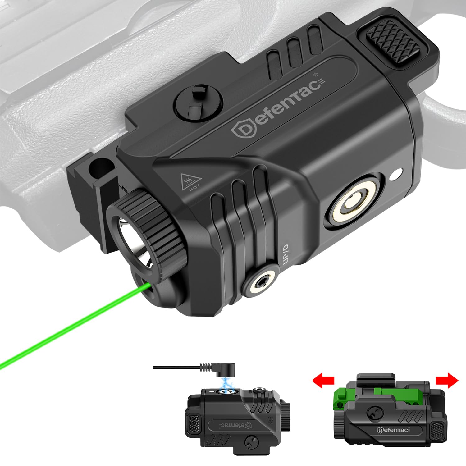 DEFENTAC DF-1061 Magnetic Charging Pistol Light with Green Beams for Guns, 450 Lumens Tactical Flashlight White LED and Green Beam Combo with Sliding Rail