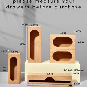 KUNABOO Bamboo Storage Bags Organizer, 5 Boxes Set Drawer Organizer for Plastic Storage Bags and Foil Plastic Wrap Cutter Dispenser (FSC Certified eco-Friendly Bamboo), Sandwich Bag Organizer