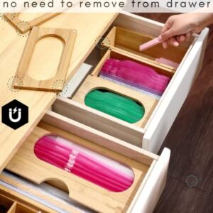 KUNABOO Bamboo Storage Bags Organizer, 5 Boxes Set Drawer Organizer for Plastic Storage Bags and Foil Plastic Wrap Cutter Dispenser (FSC Certified eco-Friendly Bamboo), Sandwich Bag Organizer