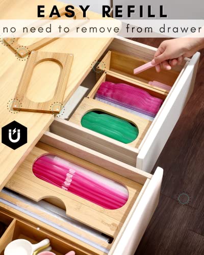 KUNABOO Bamboo Storage Bags Organizer, 5 Boxes Set Drawer Organizer for Plastic Storage Bags and Foil Plastic Wrap Cutter Dispenser (FSC Certified eco-Friendly Bamboo), Sandwich Bag Organizer