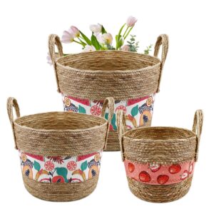 babion 3 pack hand woven storage baskets, round woven baskets for organizing, decorative basket with handles, plant basket, toy storage basket, storage baskets laundry, picnic, 3 sizes