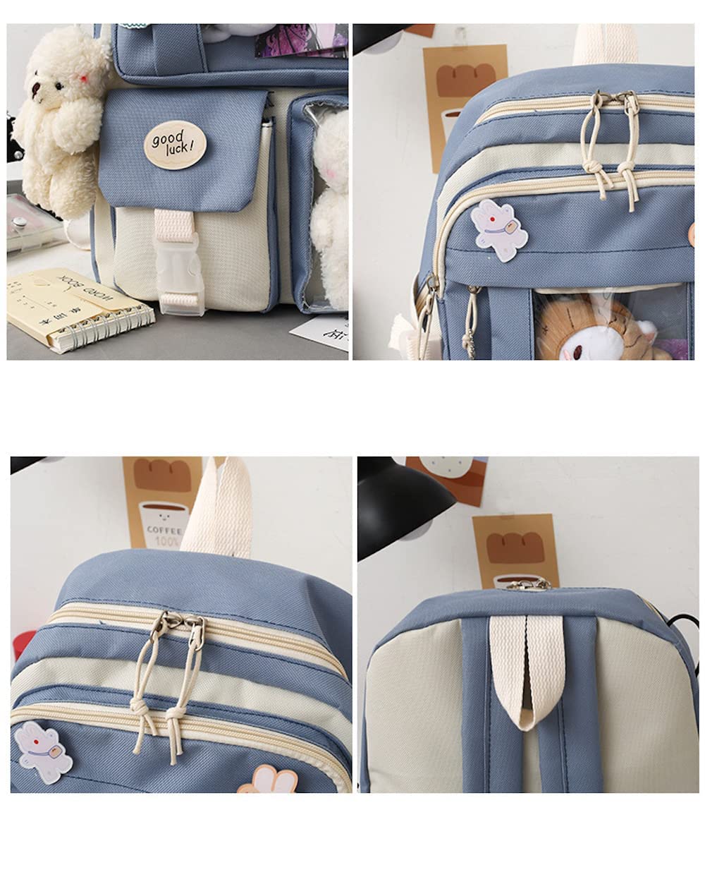 AONUOWE 5 pcs Cute Aesthetic Backpack Set for School Teens, 3 Plushies & 5 Pins & Cards Kawaii Backpack with Accessories (Blue)