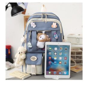 AONUOWE 5 pcs Cute Aesthetic Backpack Set for School Teens, 3 Plushies & 5 Pins & Cards Kawaii Backpack with Accessories (Blue)