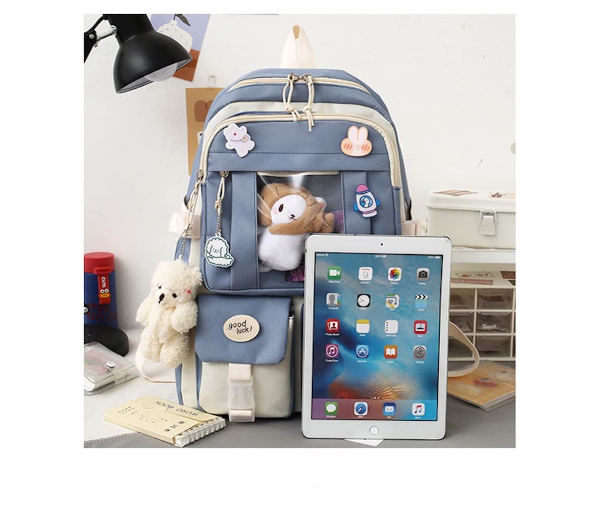 AONUOWE 5 pcs Cute Aesthetic Backpack Set for School Teens, 3 Plushies & 5 Pins & Cards Kawaii Backpack with Accessories (Blue)