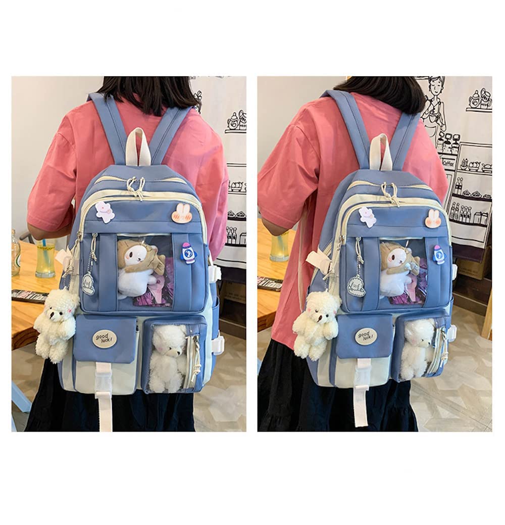 AONUOWE 5 pcs Cute Aesthetic Backpack Set for School Teens, 3 Plushies & 5 Pins & Cards Kawaii Backpack with Accessories (Blue)