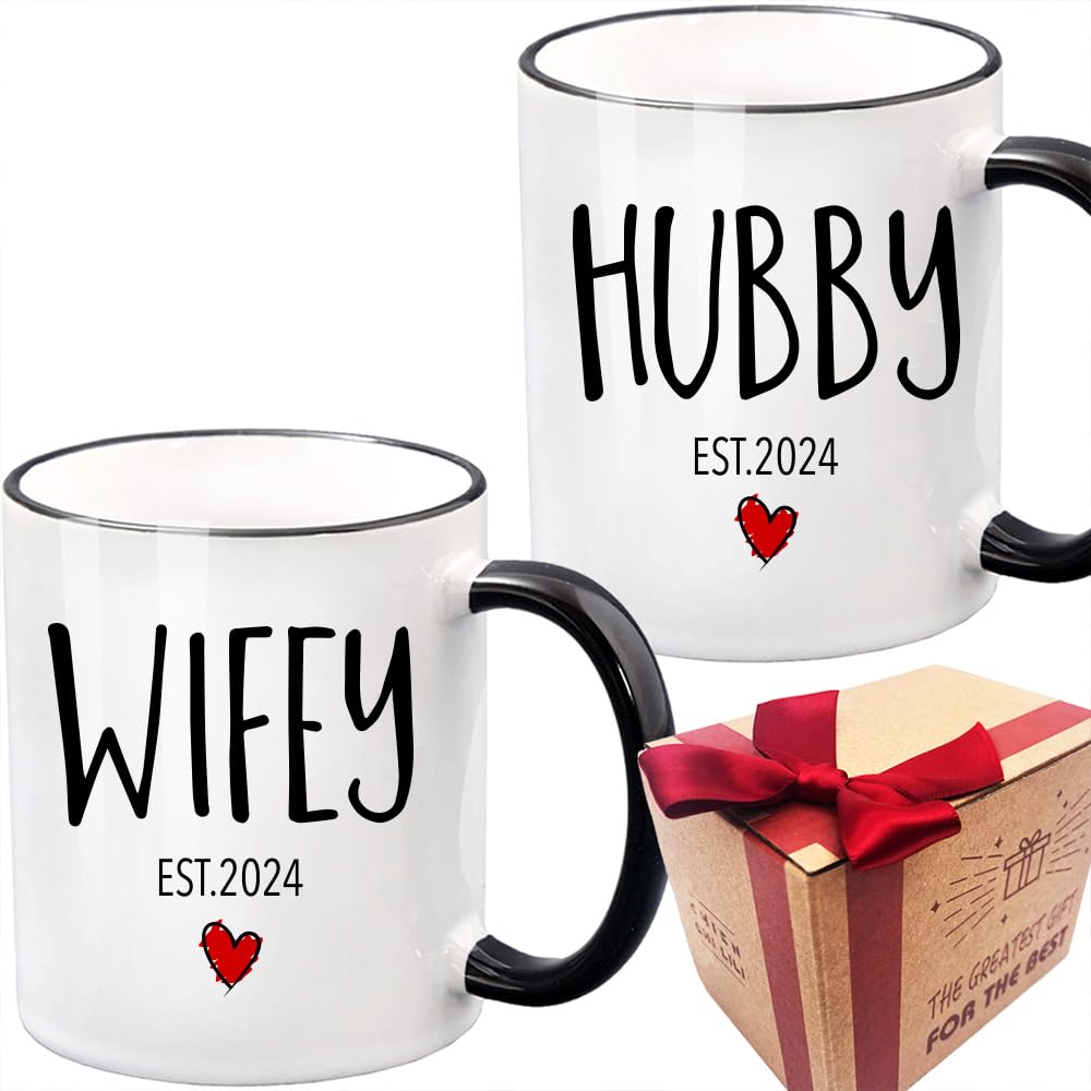 EST 2024 Husband Wife Mug Gift, Mr Mrs Mug Wedding Gift, Engagement Wedding Gift for Couple, Anniversary Valentine’s Day Mug Gift for Couples, Bride Groom Gift for Wedding(Black Handle)