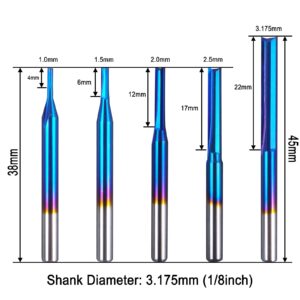 AnoleX CNC Router Bit Kits, 1/8” Shank Straight CNC Bits Nano Blue Coating Carbide Engraving Tool End Milling Cutter| 1/1.5/2/2.5/3.175mm, 10PCS