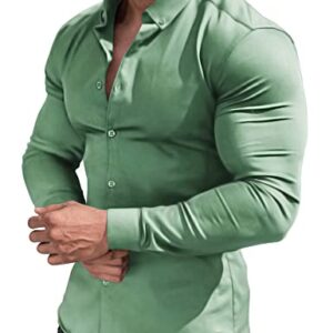 URRU Men's Muscle Dress Shirts Slim Fit Stretch Long Sleeve Casual Button Down Shirt Light Army Green L