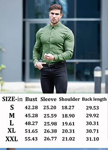 URRU Men's Muscle Dress Shirts Slim Fit Stretch Long Sleeve Casual Button Down Shirt Light Army Green L