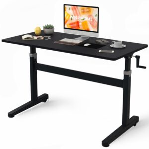 win up time manual standing desk adjustable height heavy duty- crank mobile standing desk 48 x 24 inches sit stand desk frame & top, stand up desk on wheels, computer desk black frame & black