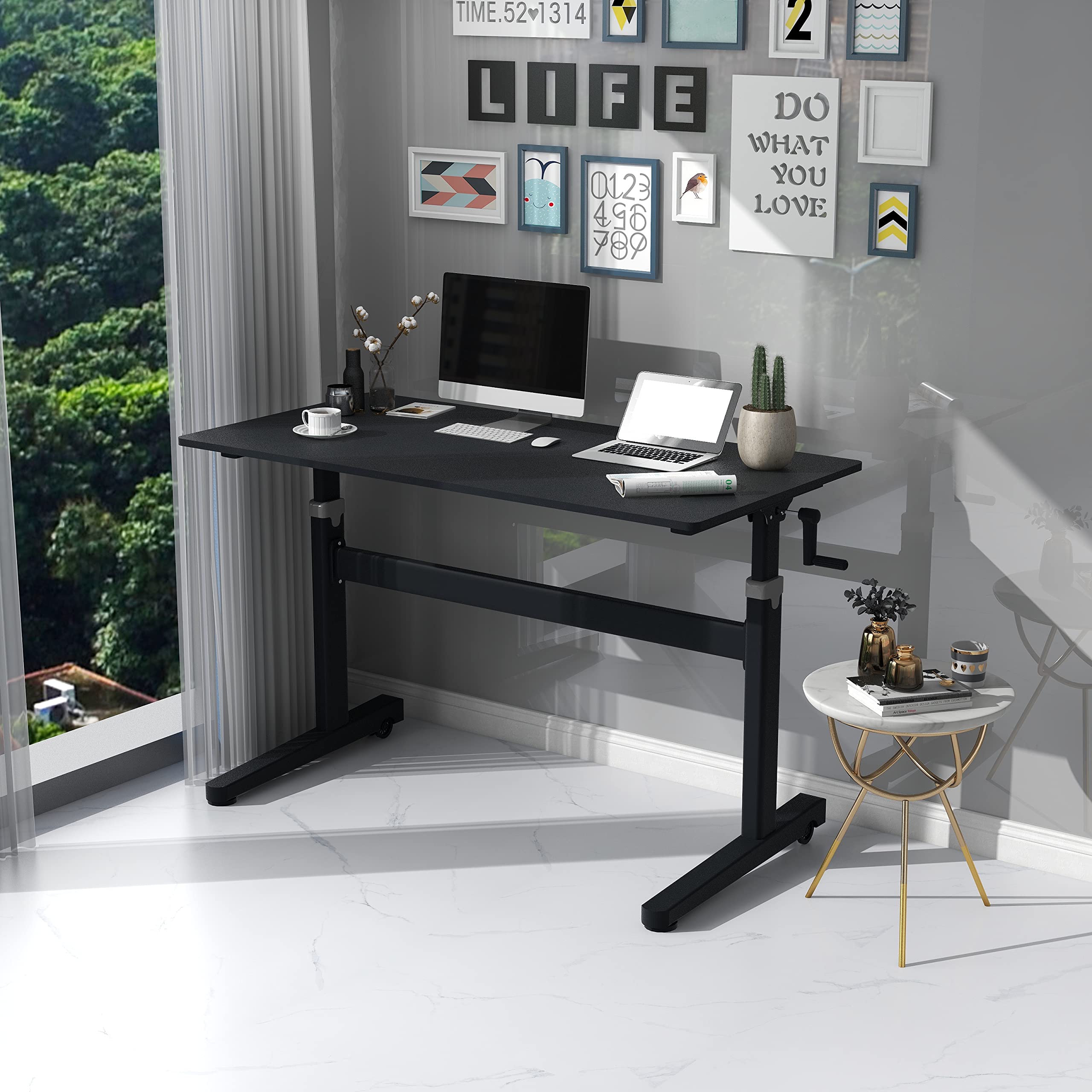 Win Up Time Manual Standing Desk Adjustable Height Heavy Duty- Crank Mobile Standing Desk 48 x 24 Inches Sit Stand Desk Frame & Top, Stand Up Desk on Wheels, Computer Desk Black Frame & Black