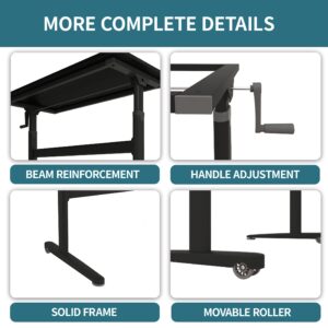 Win Up Time Manual Standing Desk Adjustable Height Heavy Duty- Crank Mobile Standing Desk 48 x 24 Inches Sit Stand Desk Frame & Top, Stand Up Desk on Wheels, Computer Desk Black Frame & Black