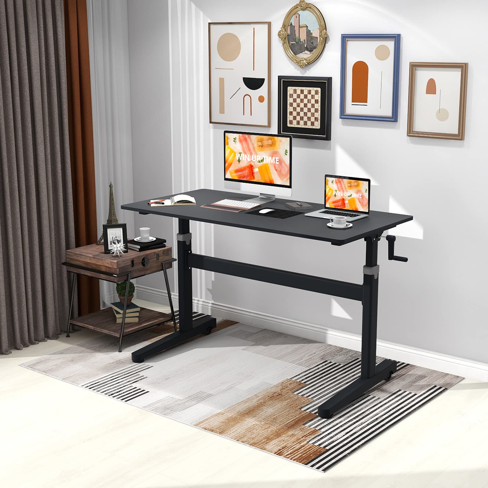 Win Up Time Manual Standing Desk Adjustable Height Heavy Duty- Crank Mobile Standing Desk 48 x 24 Inches Sit Stand Desk Frame & Top, Stand Up Desk on Wheels, Computer Desk Black Frame & Black