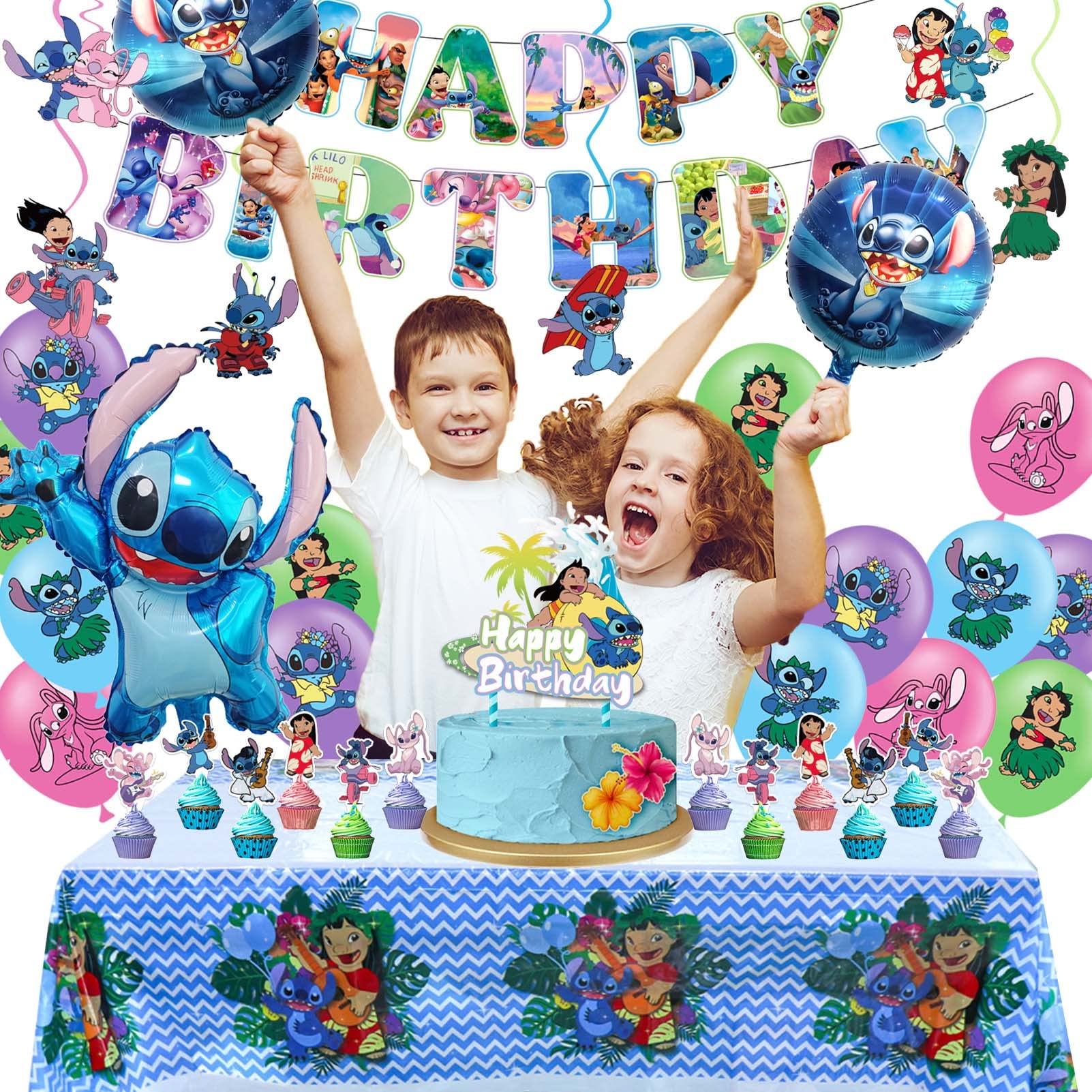 Stitch Birthday Party Supplies, Stitch Birthday Decorations Include Birthday Banner, Foil Balloons, Cupcake Toppers, Tablecloth