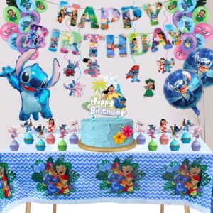 Stitch Birthday Party Supplies, Stitch Birthday Decorations Include Birthday Banner, Foil Balloons, Cupcake Toppers, Tablecloth