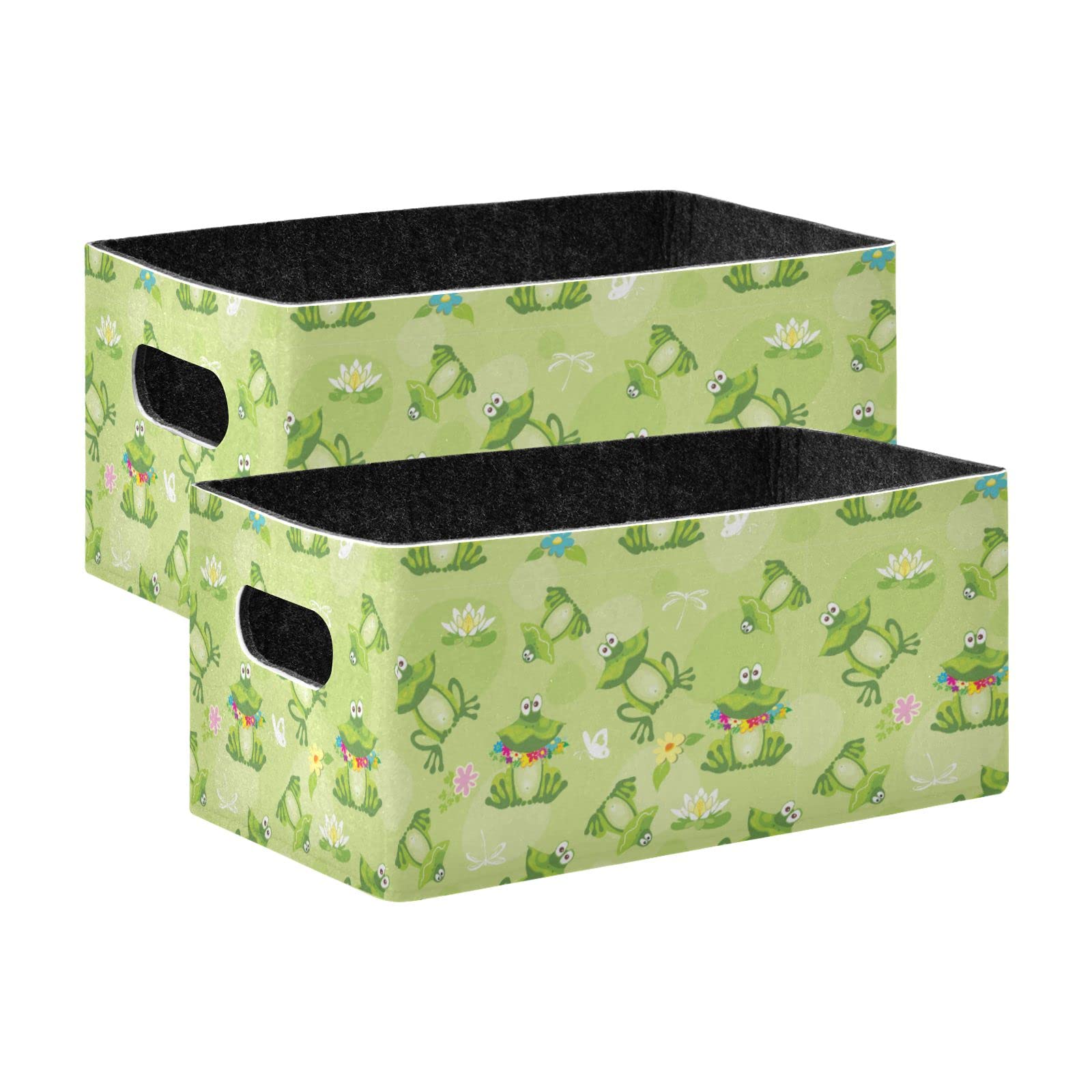 Emelivor Frogs Storage Basket Bins Set (2pcs) Felt Collapsible Storage Bins with Fabric Rectangle Baskets for Organizing for Office Bedroom Closet Babies Nursery