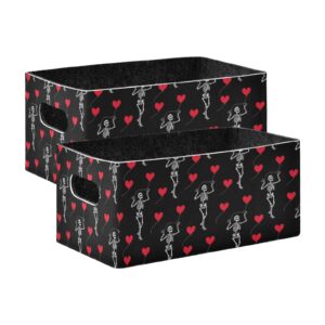 skeleton valentine storage basket bins set (2pcs) felt collapsible storage bins with handles foldable shelf drawers organizers bins for nursery toys,kids room,clothes,towels,magazine