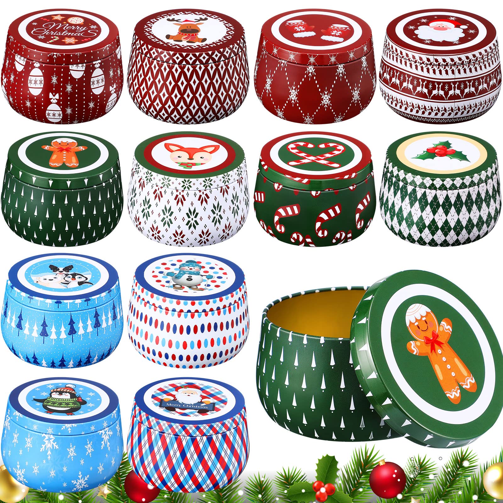 Yungyan Christmas Candle Tin Cans Set Metal Candles Tin Gifts Jars with Lids 8 oz Christmas Cookie Tins Candle Containers for Candle Making Storing Biscuits Tea Party Favors(24 Pcs)