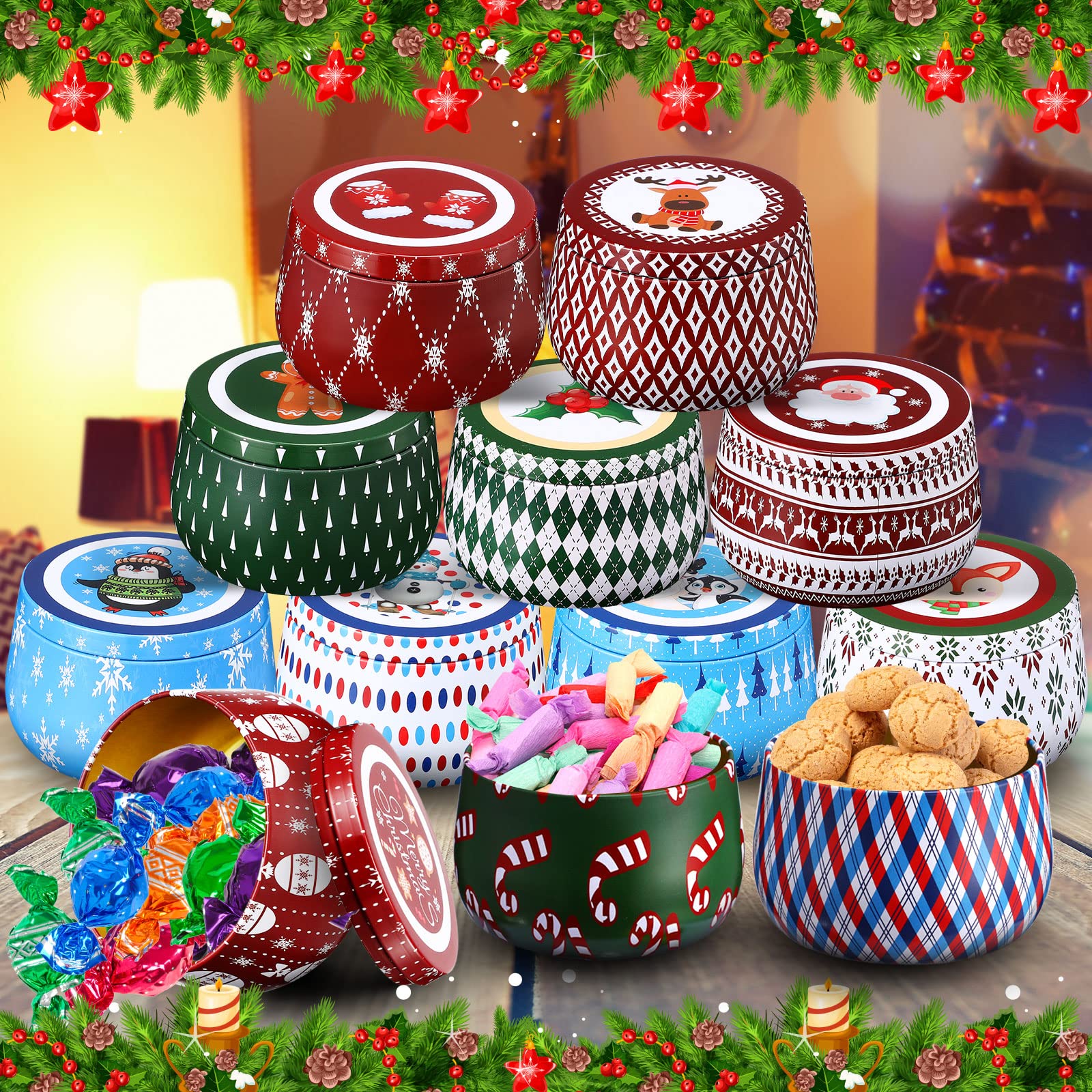 Yungyan Christmas Candle Tin Cans Set Metal Candles Tin Gifts Jars with Lids 8 oz Christmas Cookie Tins Candle Containers for Candle Making Storing Biscuits Tea Party Favors(24 Pcs)