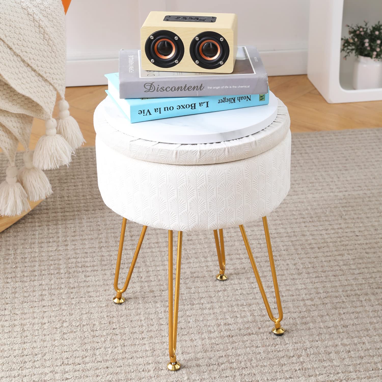 Cpintltr Velvet Storage Ottoman Round Footrest Stool Multifunctional Upholstered Ottoman Modern Accent Vanity Stools Tray Top Coffee Table Suitable for Living Room Bedroom Entryway Cream