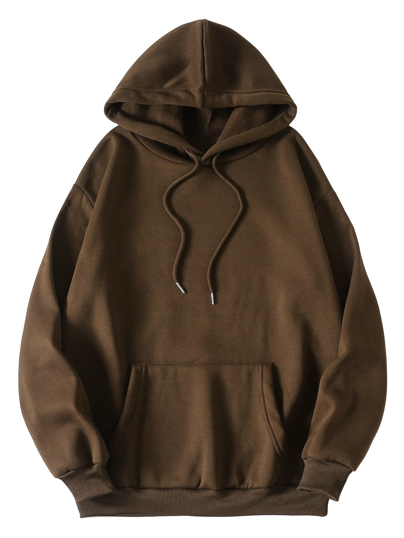 MakeMeChic Men's Casual Basic Thermal Pullover Hoodie Hooded Sweatshirt with Pocket Chocolate Brown L