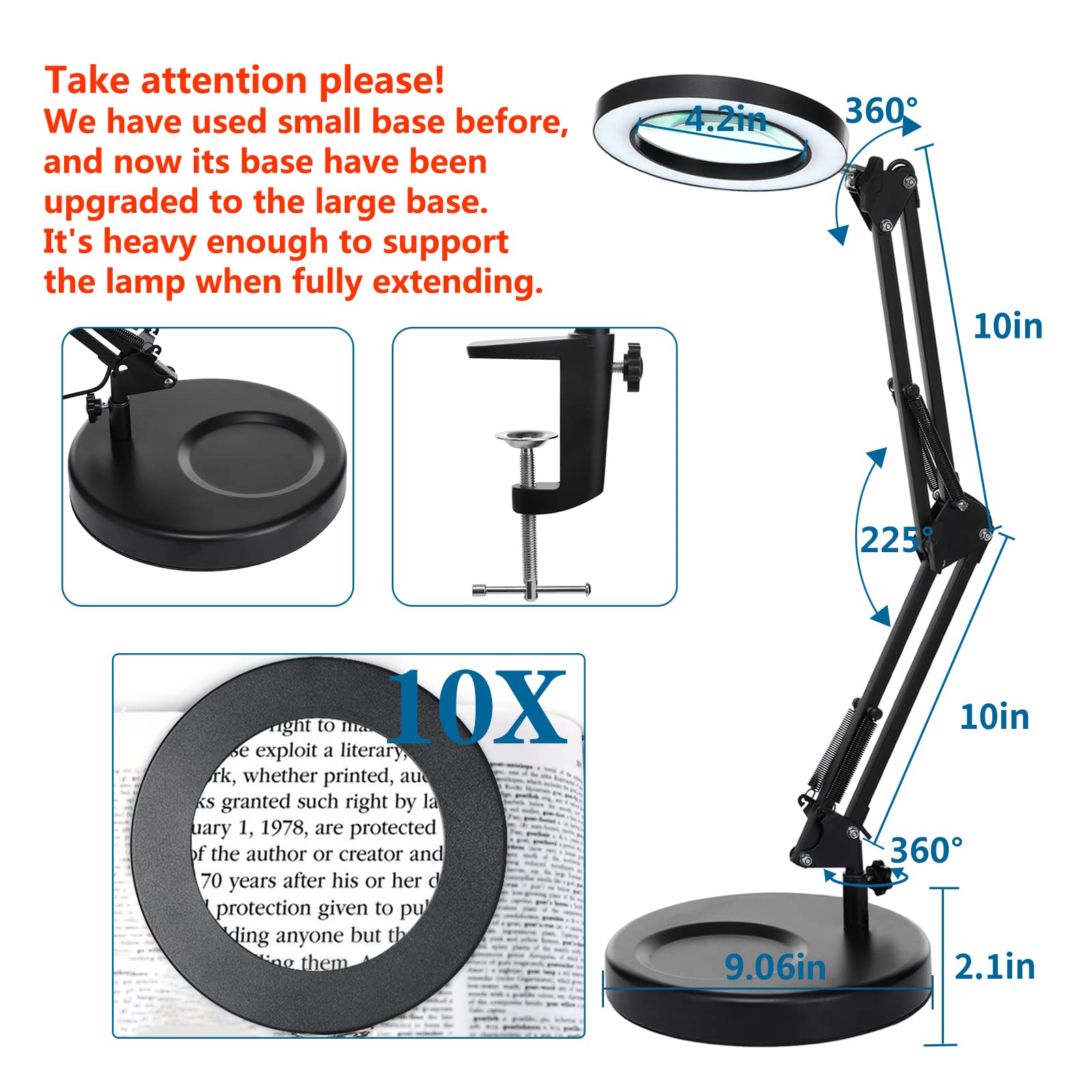 10X Magnifying Glass with Light, HITTI 1,800 Lumens Stepless Dimmable, 3 Color Modes, 4.2″ Real Glass Lens LED Desk Lamp & Clamp, Magnifier Light and Stand for Crafts Welding Close Work