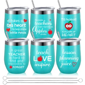 6 pack teacher gifts teacher tumbler bulk 12oz stainless steel teacher wine glass with lids and straws teacher appreciation, birthday gifts for daycare, preschool, kindergarten teacher(mint)