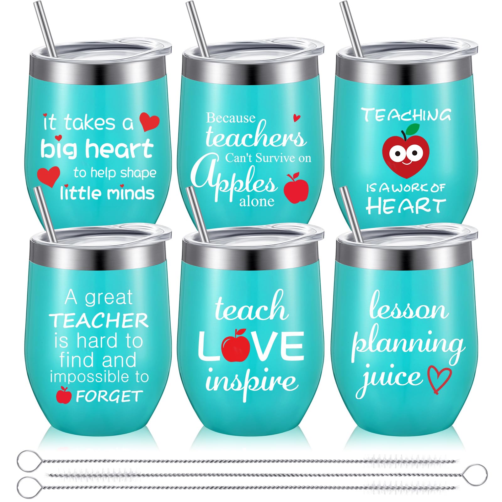 6 Pack Teacher Gifts Teacher Tumbler Bulk 12oz Stainless Steel Teacher Wine Glass with Lids and Straws Teacher Appreciation, Birthday Gifts for Daycare, Preschool, Kindergarten Teacher(Mint)