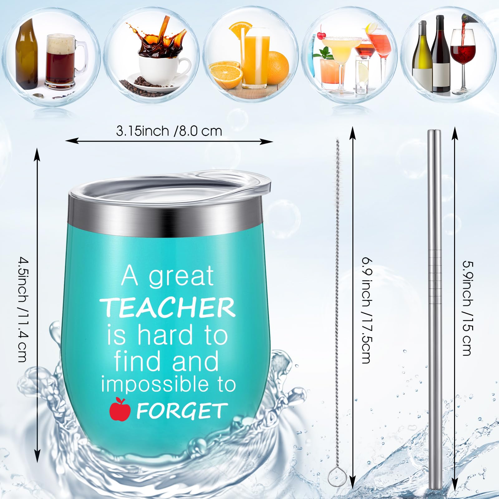 6 Pack Teacher Gifts Teacher Tumbler Bulk 12oz Stainless Steel Teacher Wine Glass with Lids and Straws Teacher Appreciation, Birthday Gifts for Daycare, Preschool, Kindergarten Teacher(Mint)